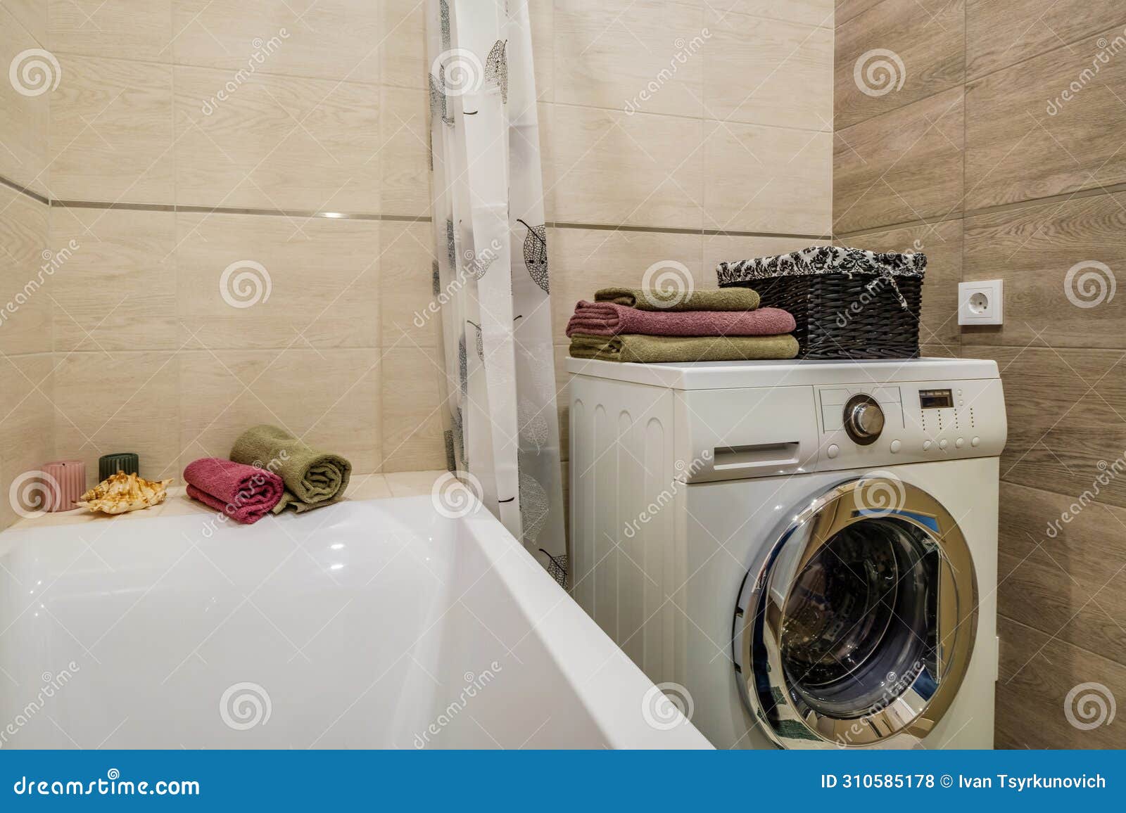 Washing Machine in Modern Bathroom Stock Photo - Image of chores ...