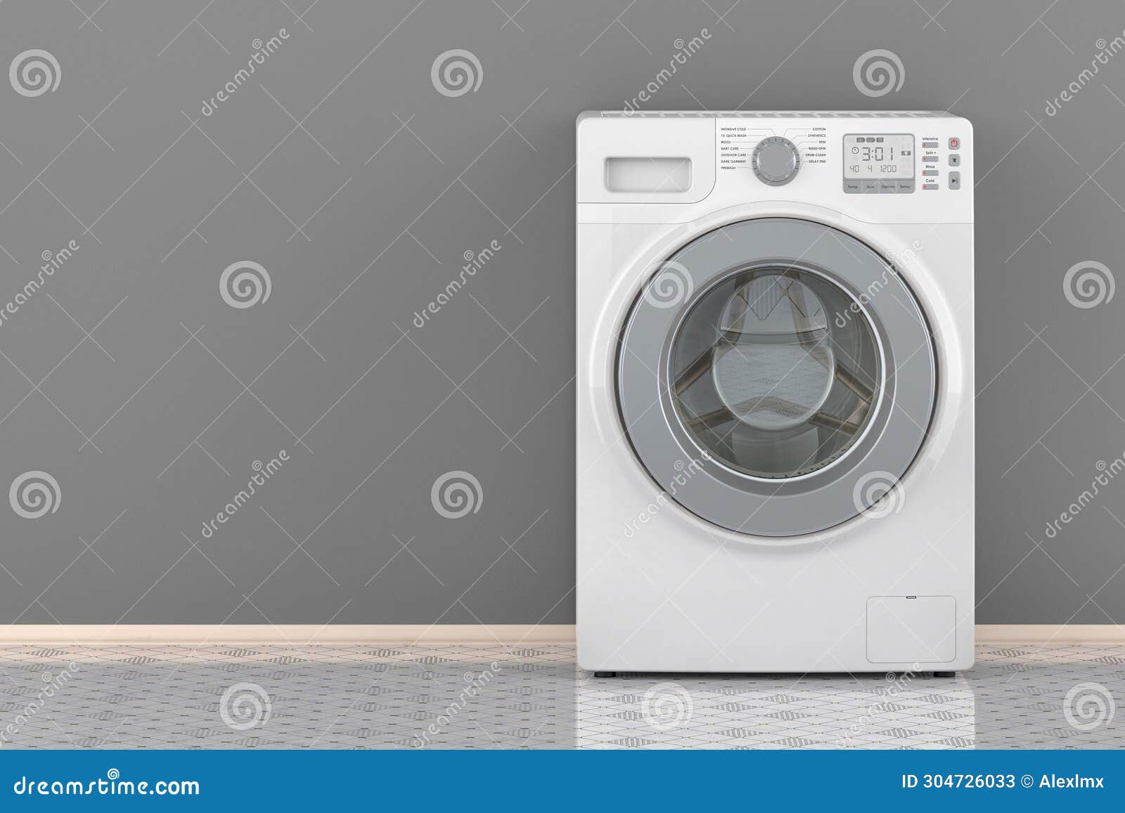 Washing Machine in Room Near the Wall, Front View. 3D Rendering Stock ...