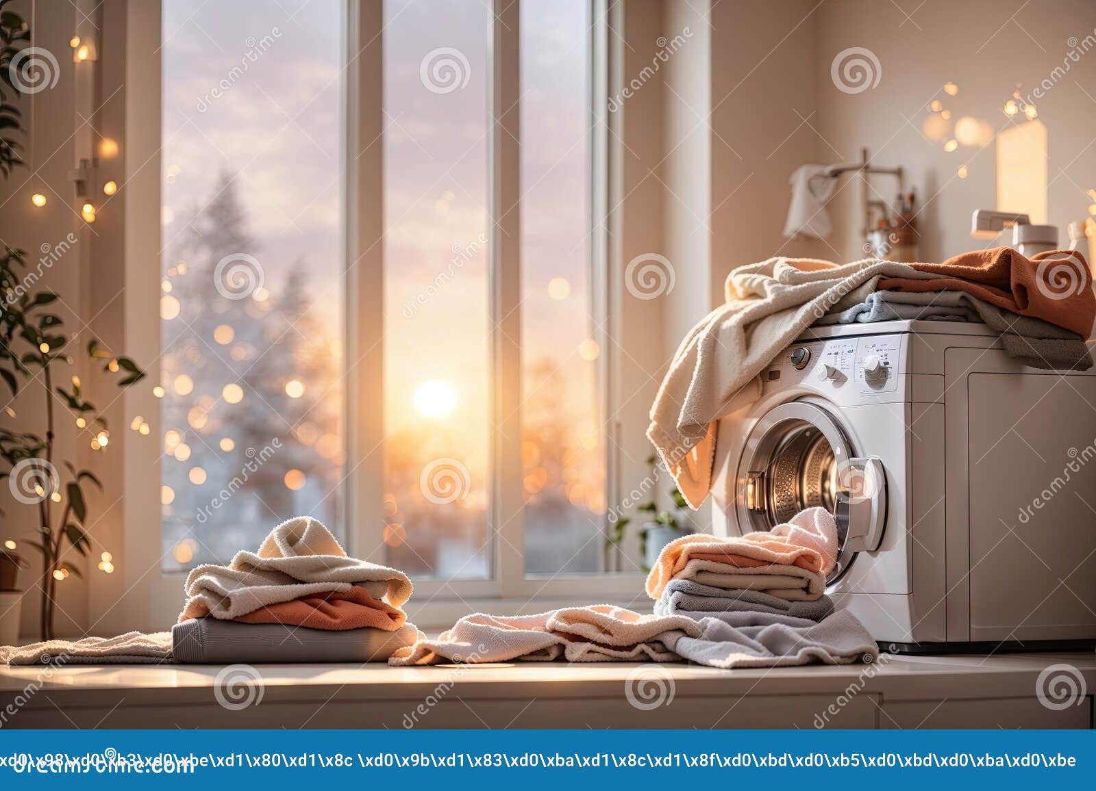 Washing Machine and a Stack of Laundry Light Background. Ai Generative ...
