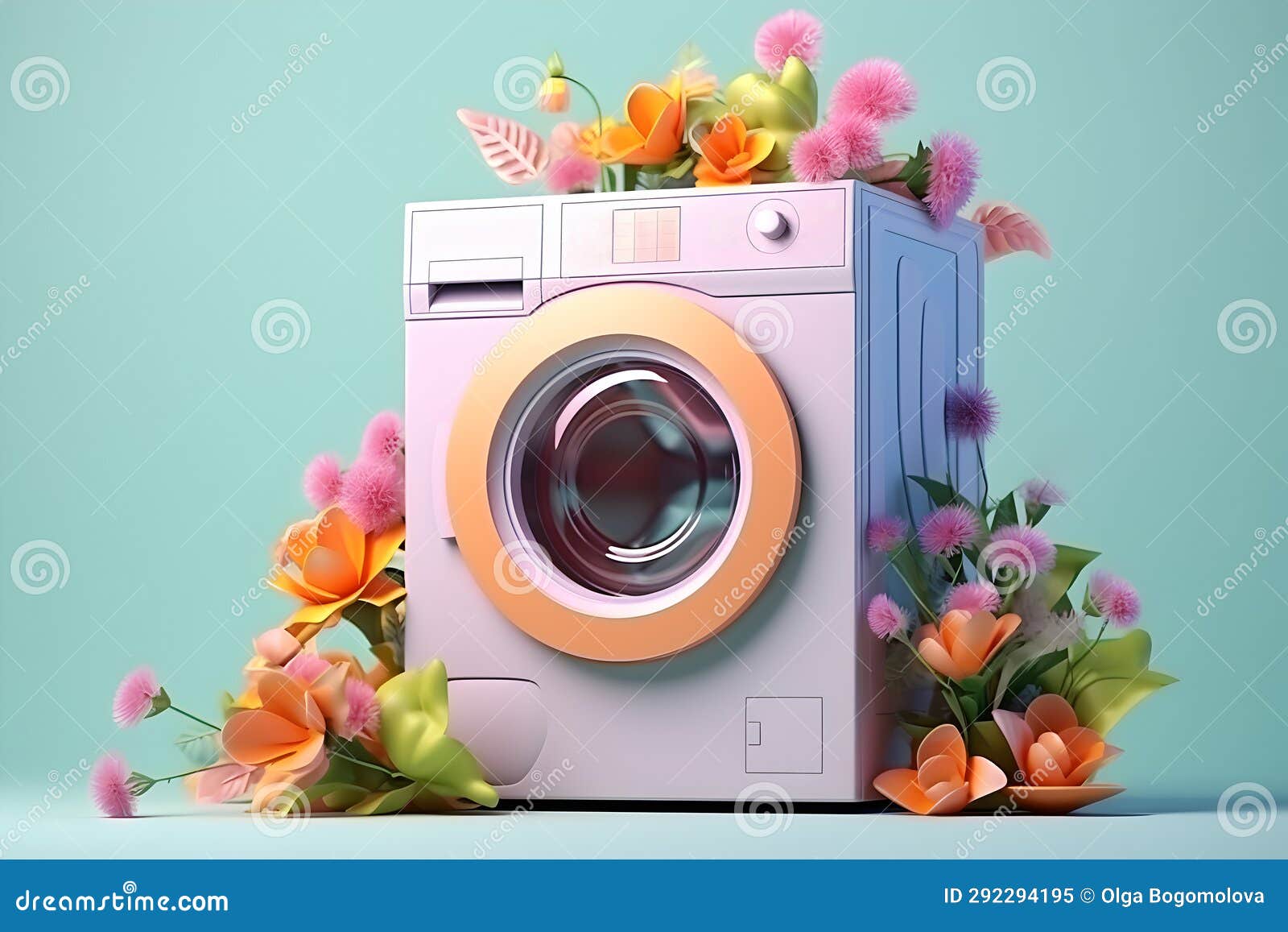 Washing Machine Surrounded by Flowers with Fresh Scent. Ecological ...