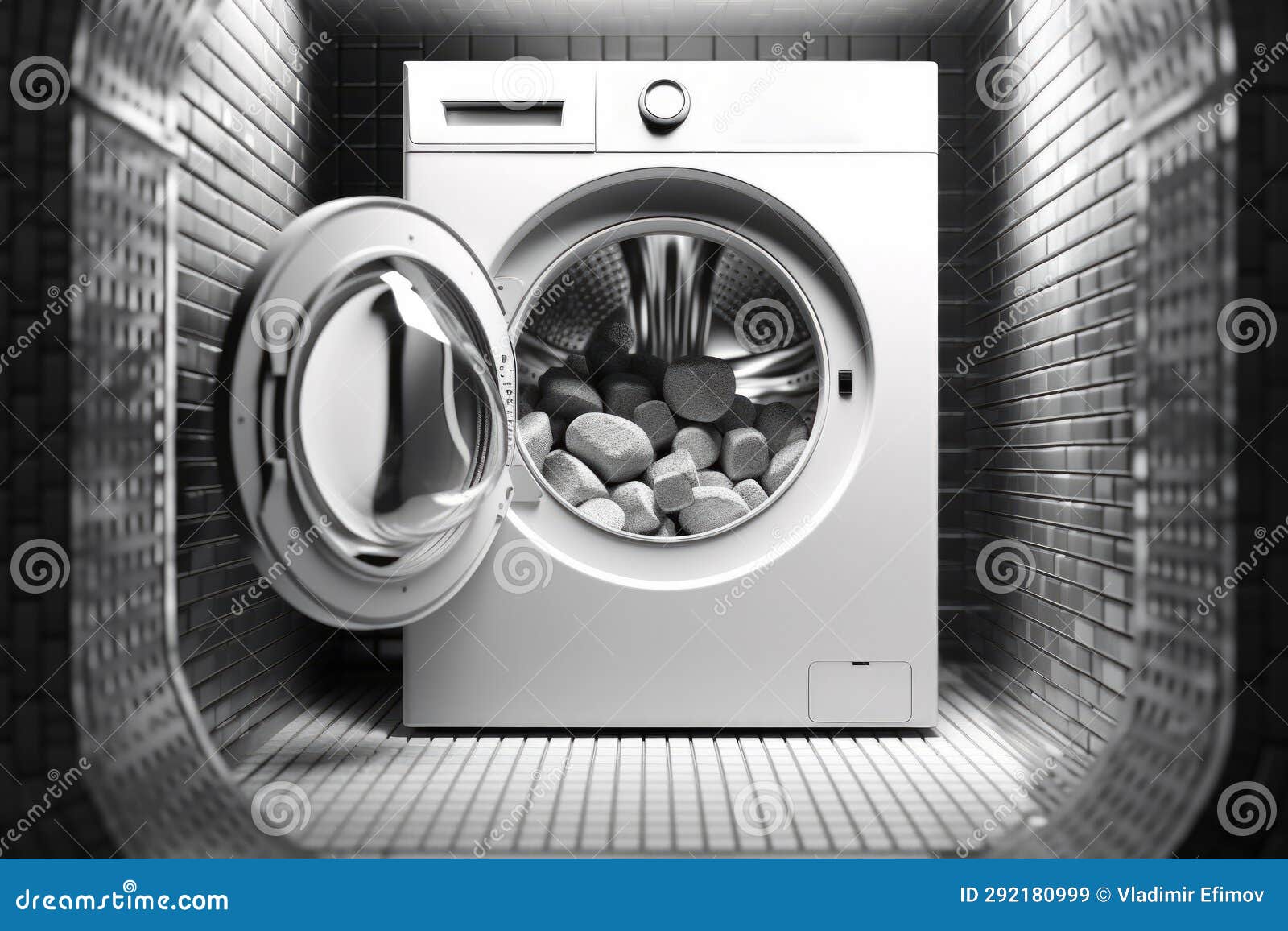 Washing Machine in a Tiled Room with Rocks Below it. Functionality and ...