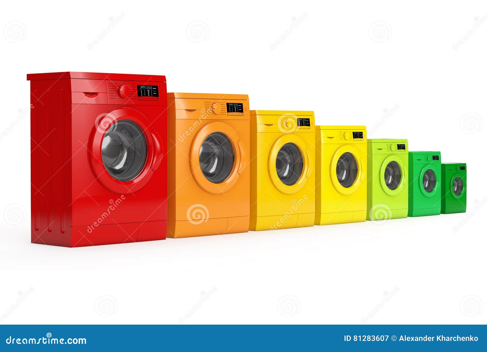 Washing Machines in Colours of Energy Efficiency Chart. 3d Rendering ...