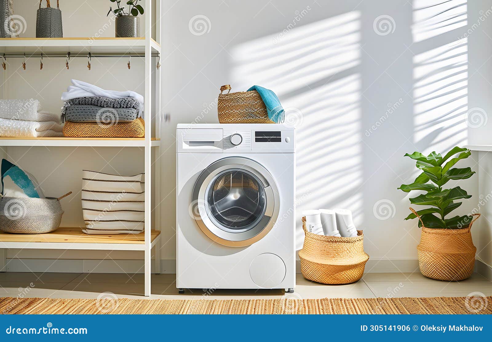 Washing Machines in Laundry Room Interior with Wardrobe and Accessories ...