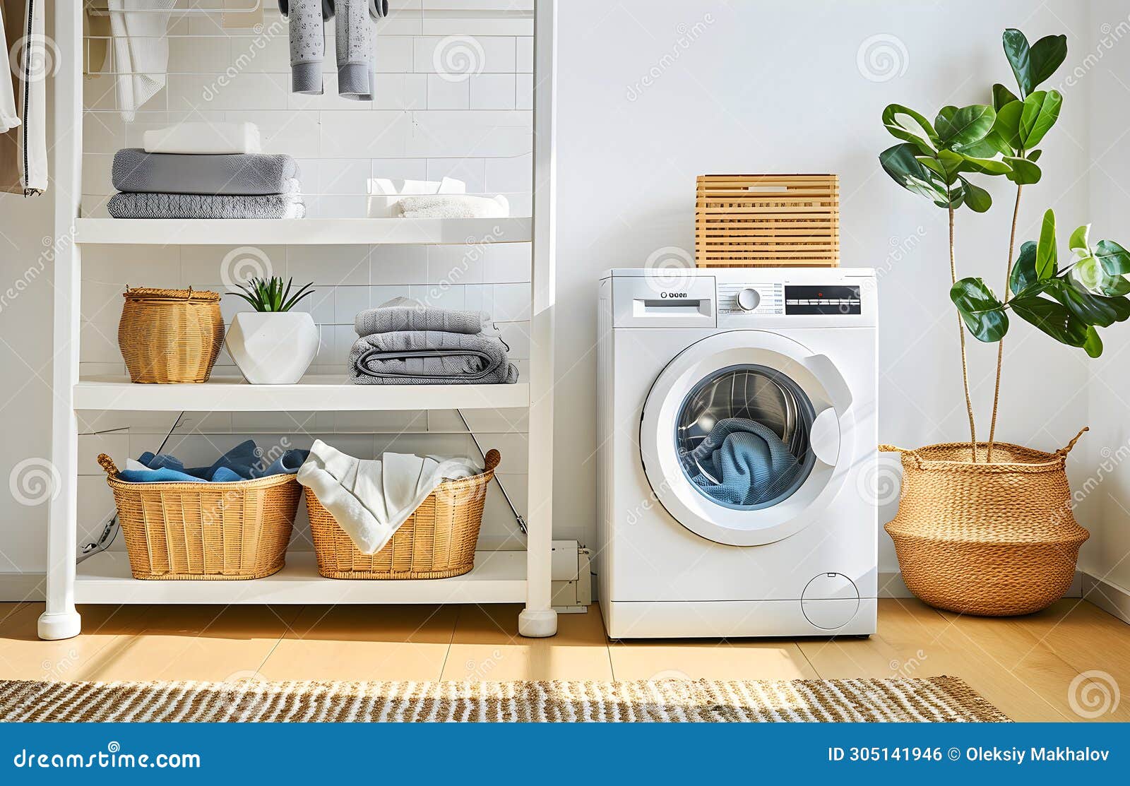 Washing Machines in Laundry Room Interior with Wardrobe and Accessories ...