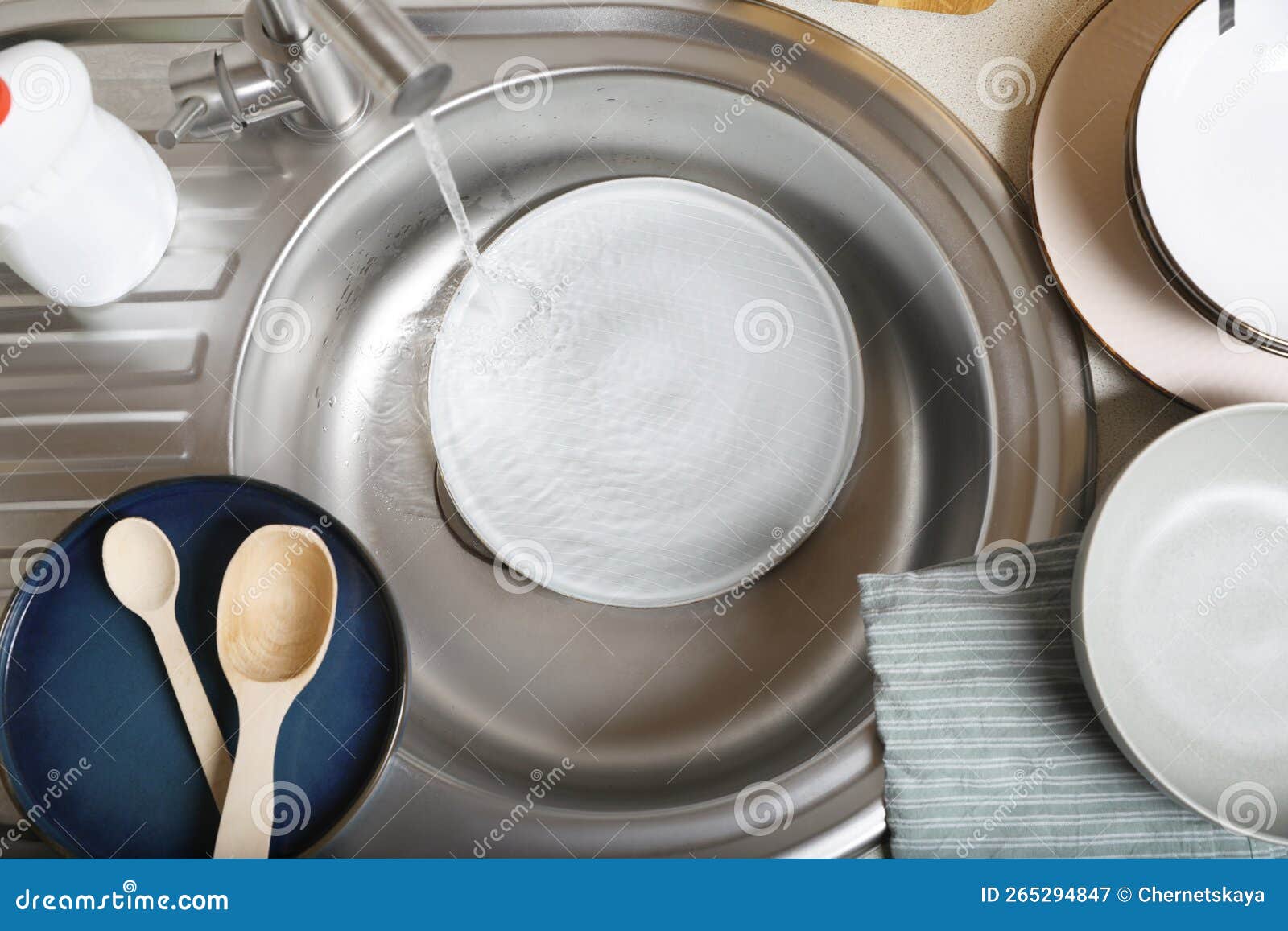 Washing Plate in Kitchen Sink, Above View Stock Image - Image of home ...