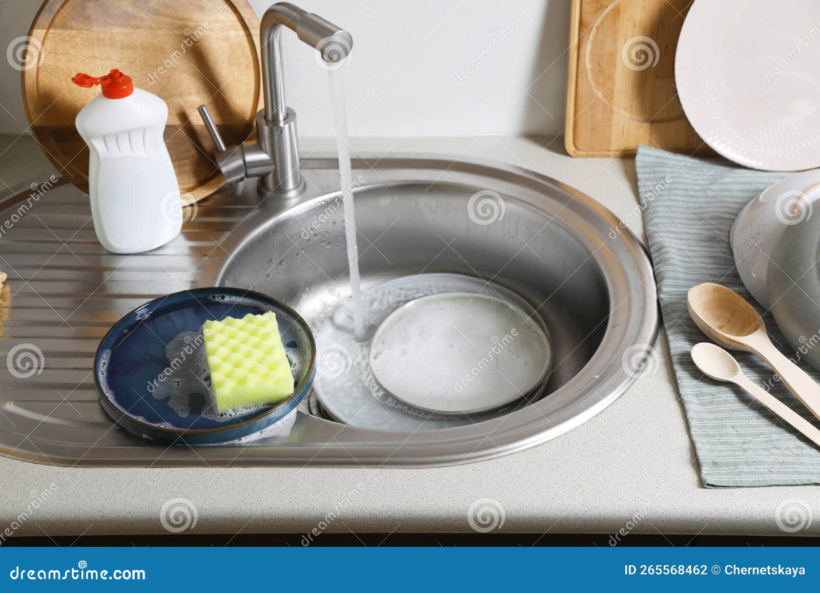 Washing Plates and Sponge in Kitchen Sink Stock Photo - Image of chores ...