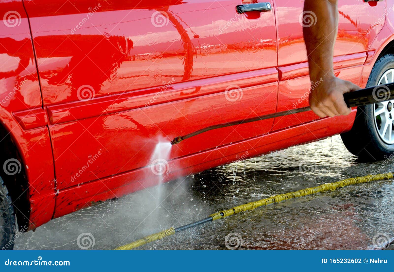 Washing red car outdoor stock photo. Image of glass - 165232602
