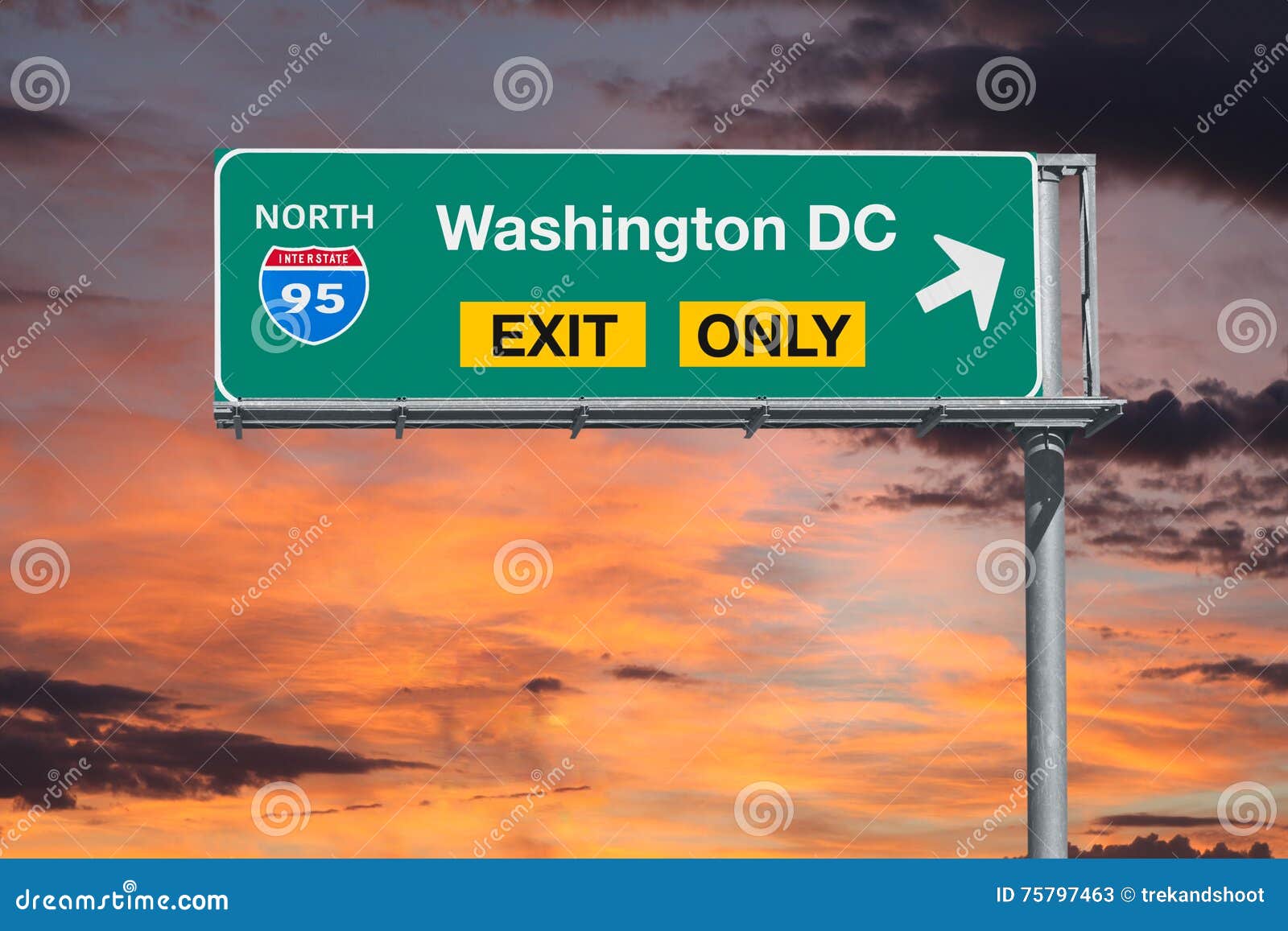 Washington DC Exit only Freeway Sign with Sunrise Sky Stock Image ...