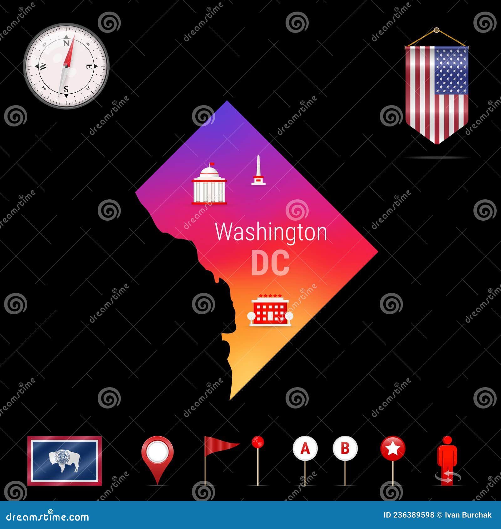 Washington, DC Vector Map, Night View. Compass Icon, Map Navigation ...