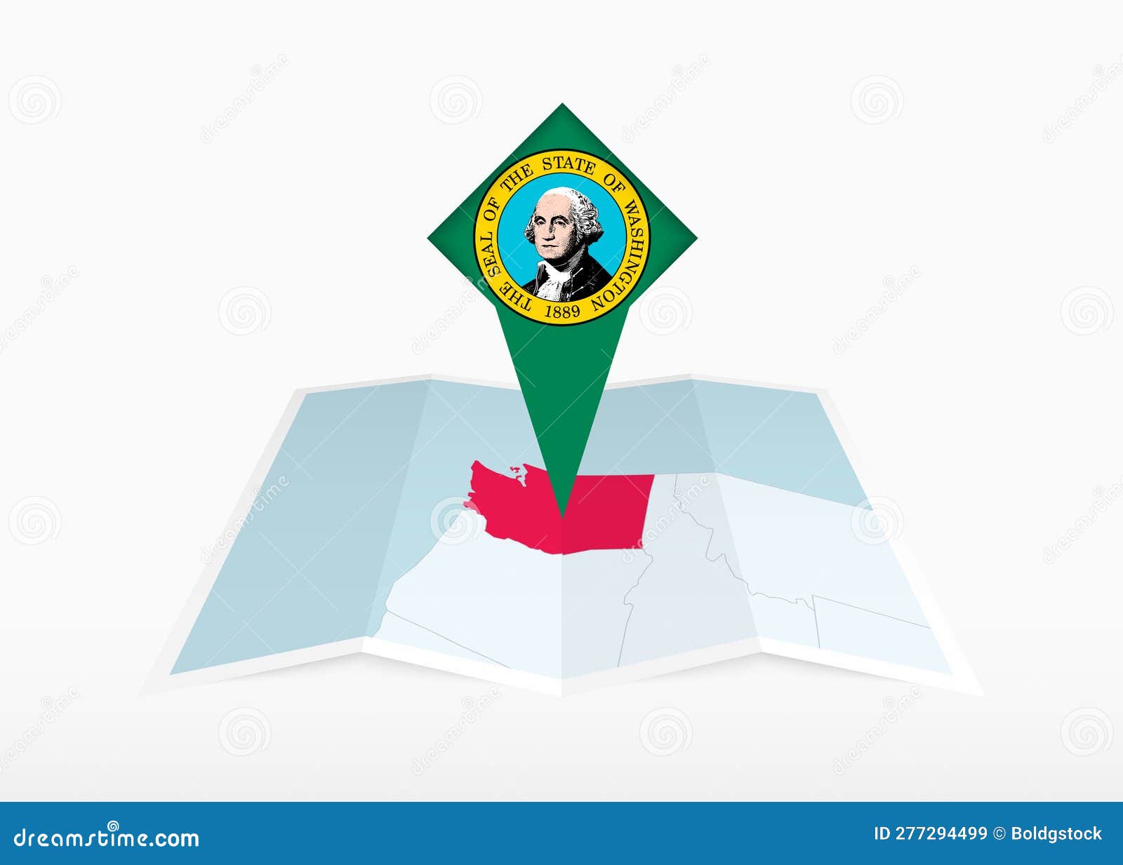Washington is Depicted on a Folded Paper Map and Pinned Location Marker ...