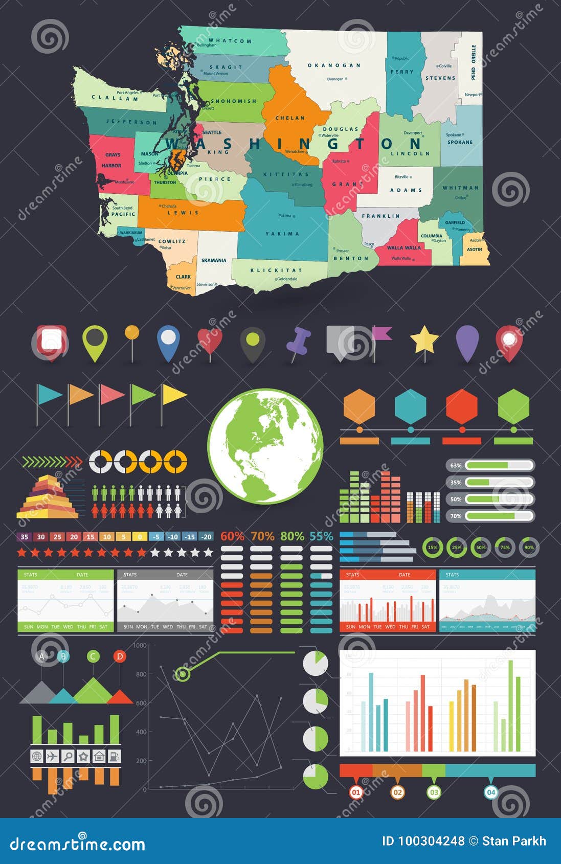 Washington Map and Infographics Design Elements Stock Vector ...