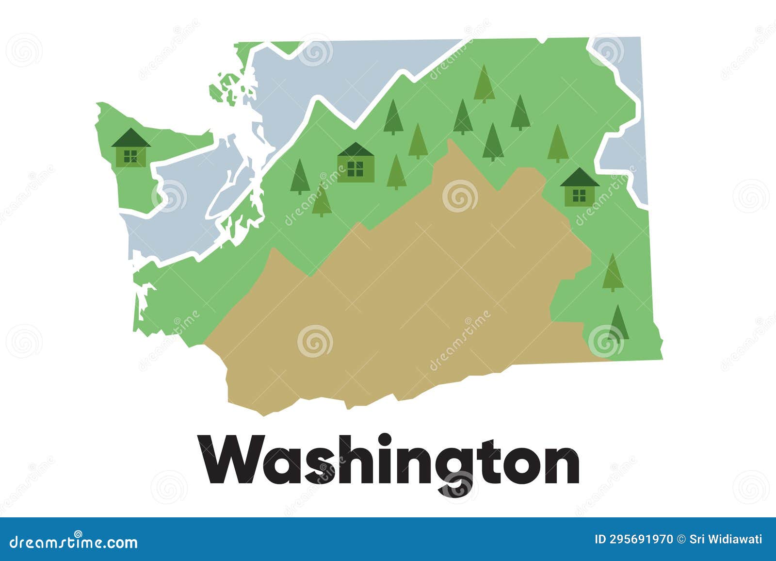 Washington Map Shape of States Cartoon Style with Forest Tree and River ...