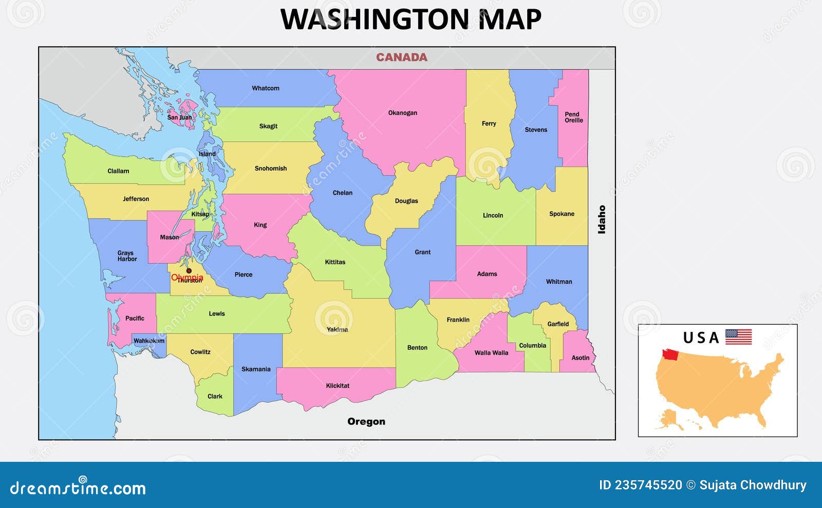 Washington Map. State and District Map of Washington Stock Vector ...