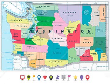 Washington State Political Map and Flat Icon Set Stock Vector ...