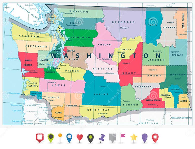 Washington State Political Map and Flat Icon Set Stock Vector ...