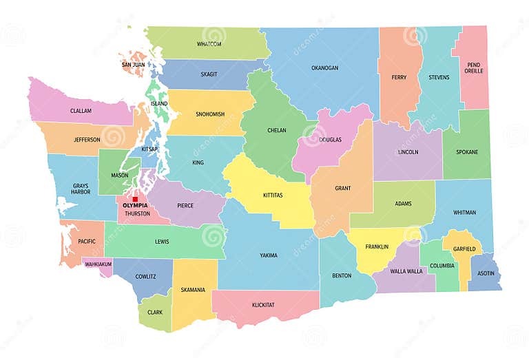 Washington, U.S. State, Subdivided into 39 Counties, Multi Colored Map ...