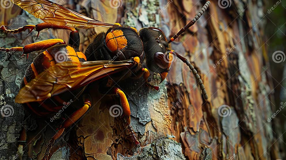 A Wasp is Sitting on a Tree Trunk Stock Image - Image of tree, pest ...