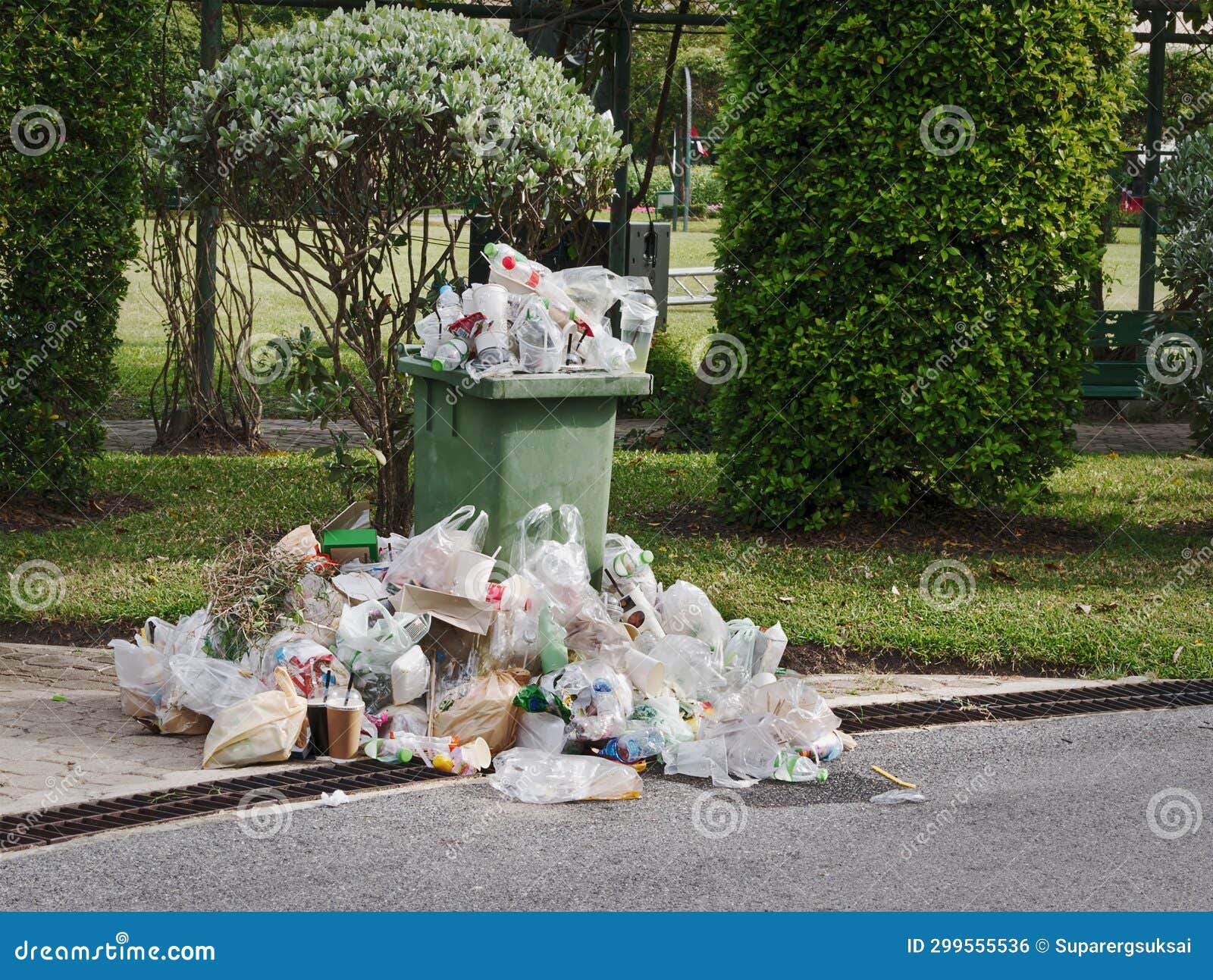 Waste Bin and Overflowing Garbage on Street Stock Photo - Image of ...