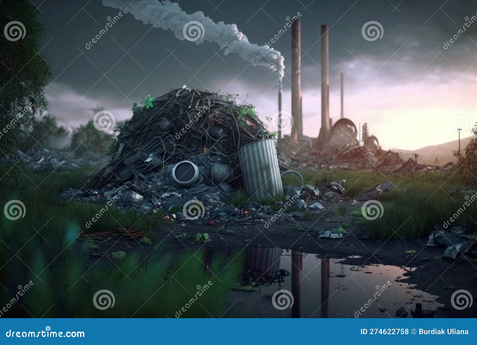 Waste Dump Concept, Pile of Garbage and Factory Smoke. AI Generative ...