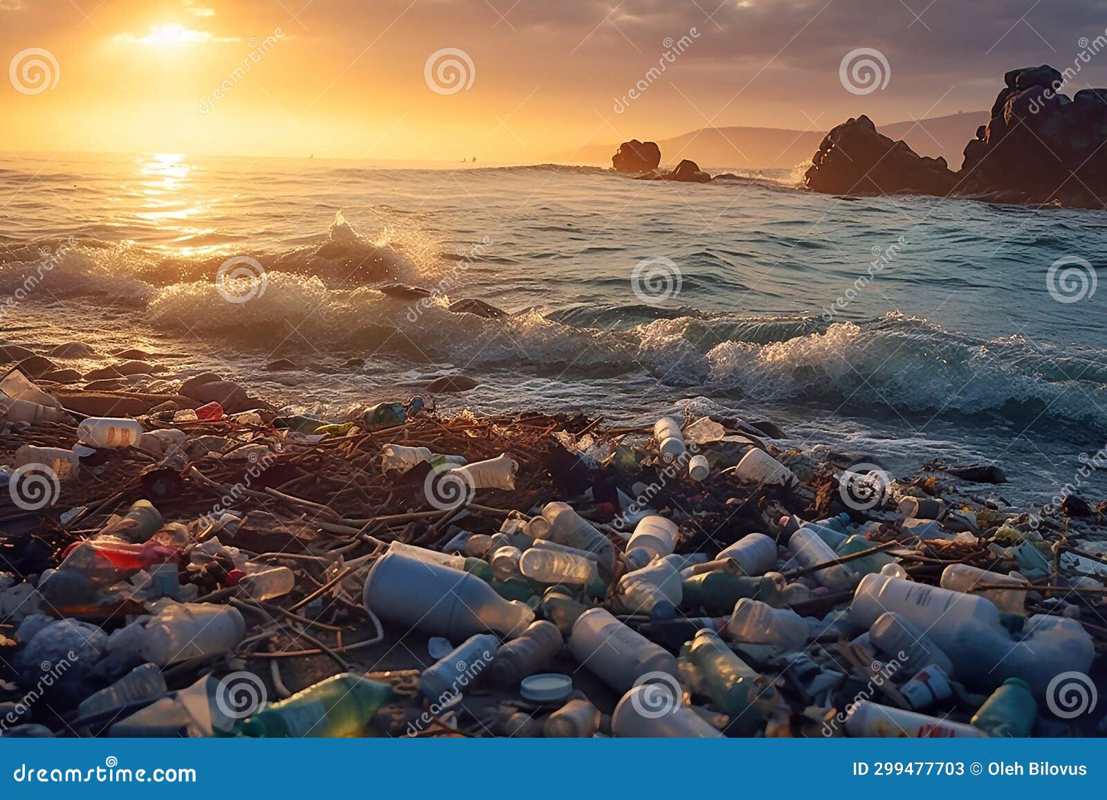 Plastic Waste on the Beach at Sunset. Stock Image - Image of waste ...