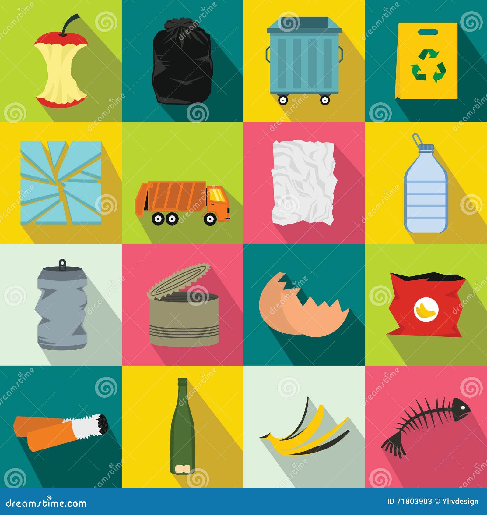 Waste and Garbage Icons Set, Flat Style Stock Vector - Illustration of ...