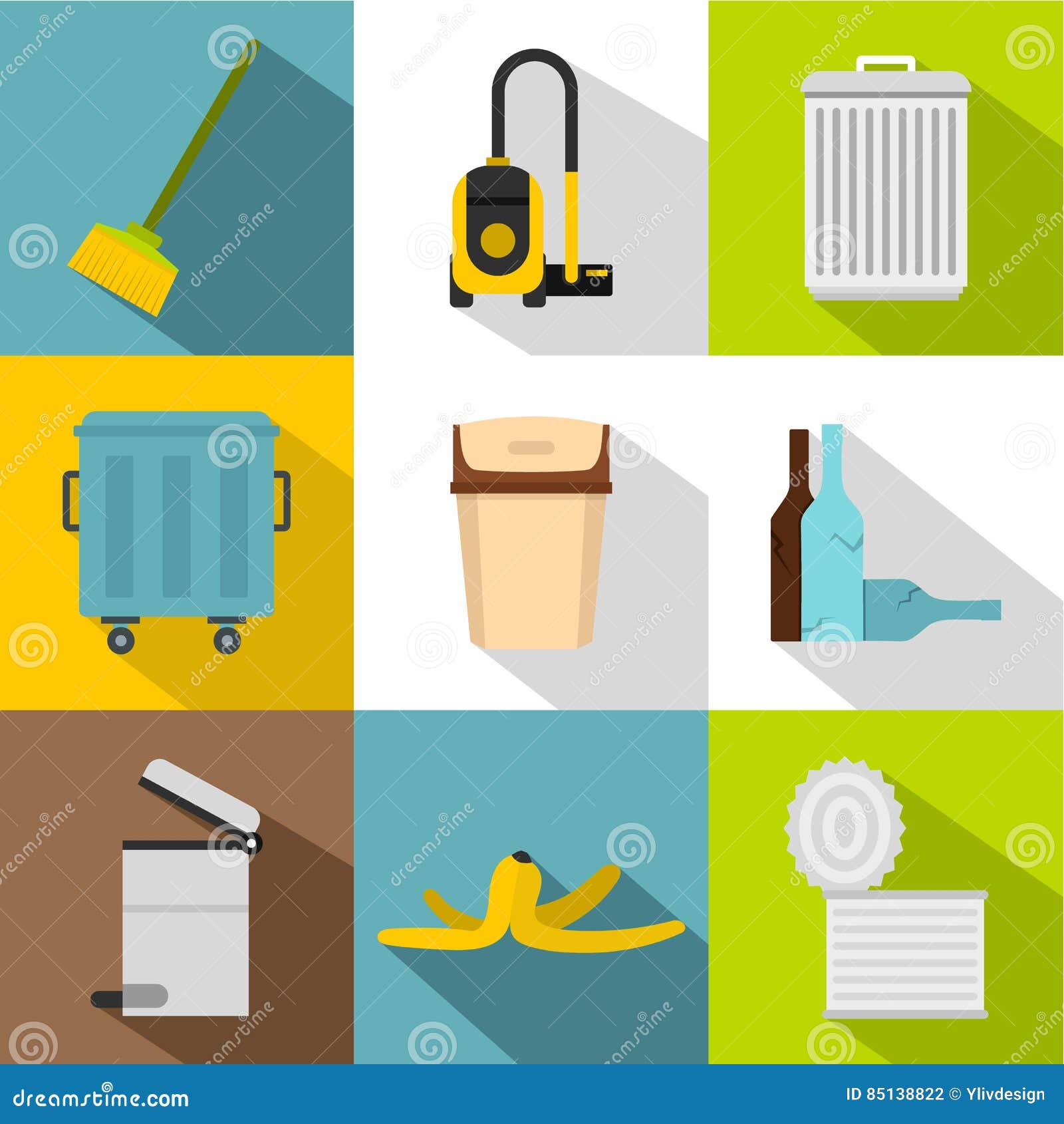 Waste Icons Set, Flat Style Stock Vector - Illustration of dust, basket ...