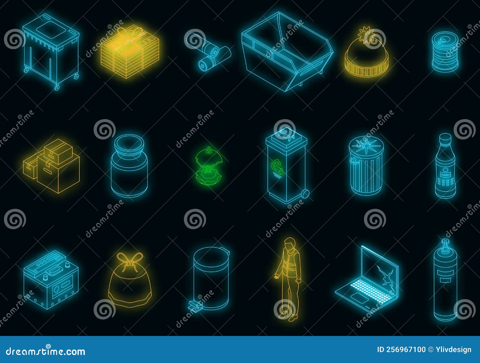 Waste Icons Set Vector Neon Stock Vector - Illustration of management ...