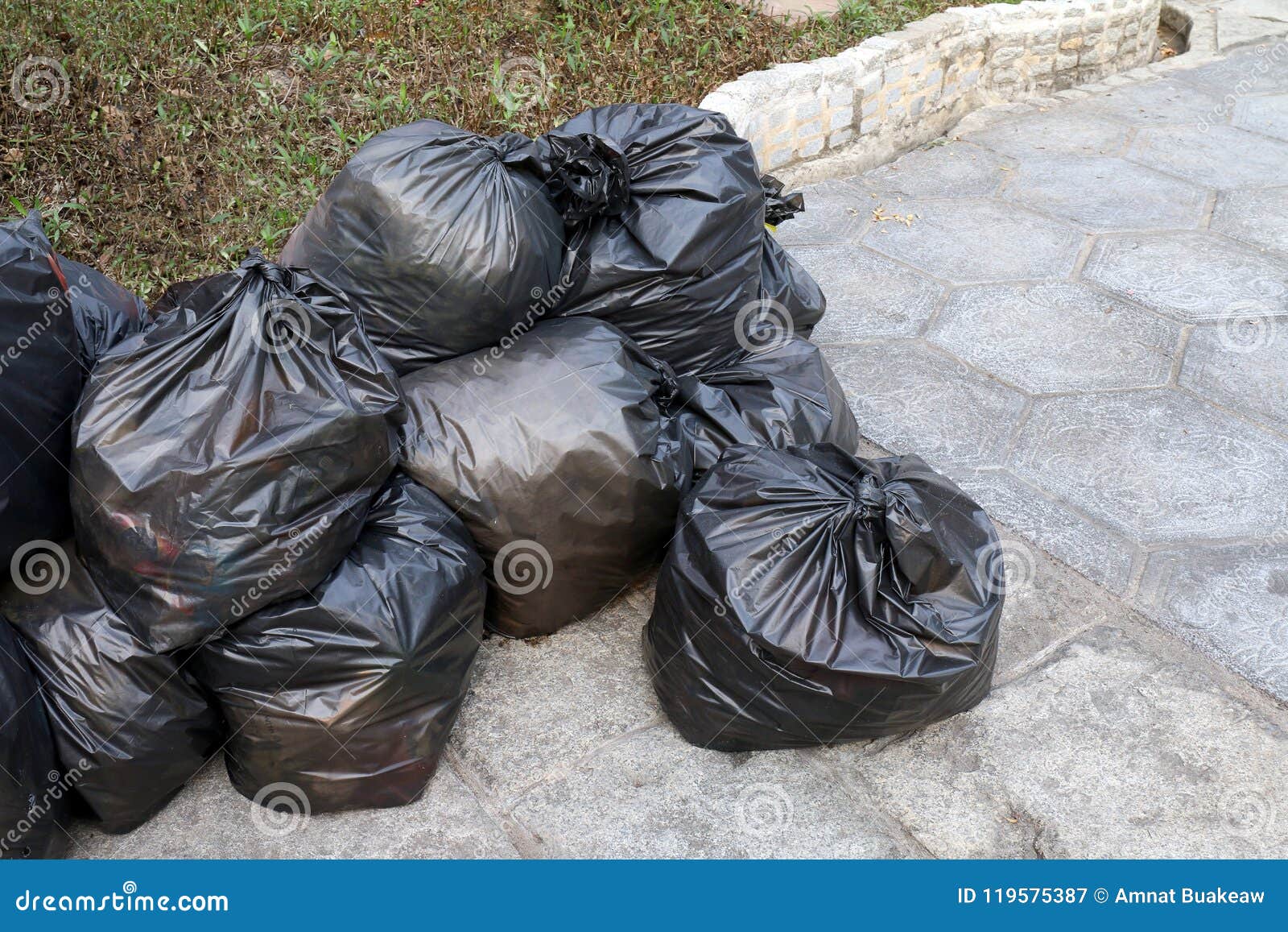 Waste Lots Pile Of Garbage Black Bags Plastic Stack On The Floor Ground ...