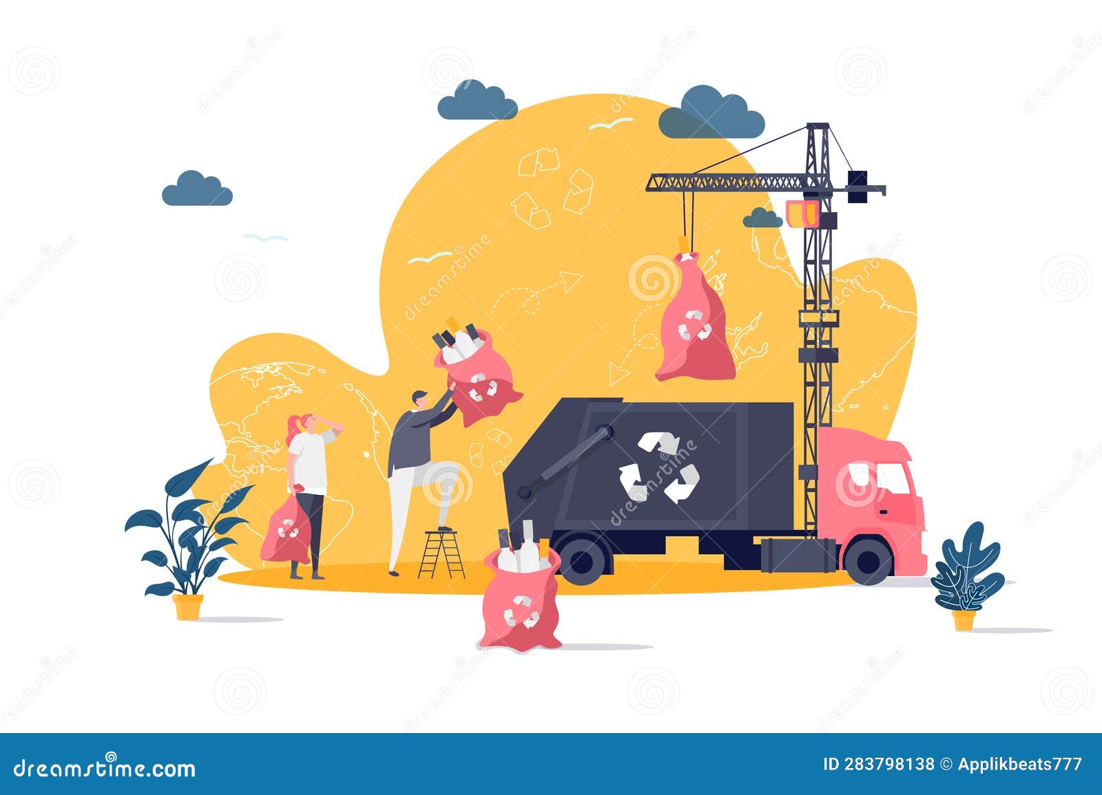 Concept Of Utilization Of Vehicles. Characters Work On Junkyard Sorting ...