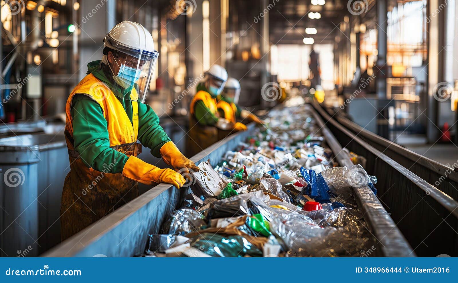 Waste Processing Workers Sorting Plastic on Conveyor Belt in Recycling ...