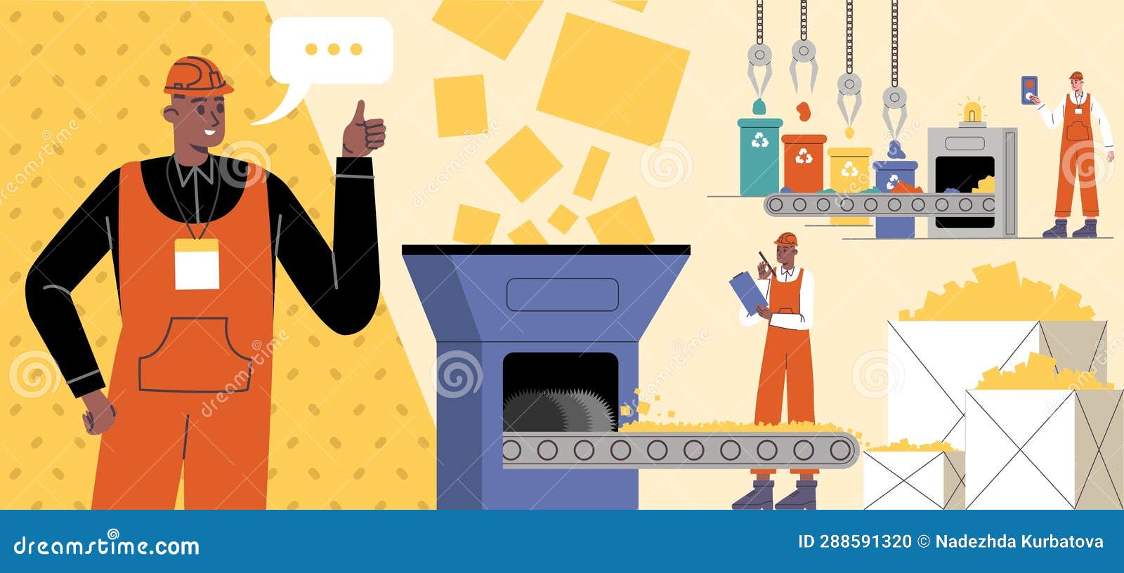 Waste Recycling Process. Garbage Industry Workers. Rubbish Shredding ...