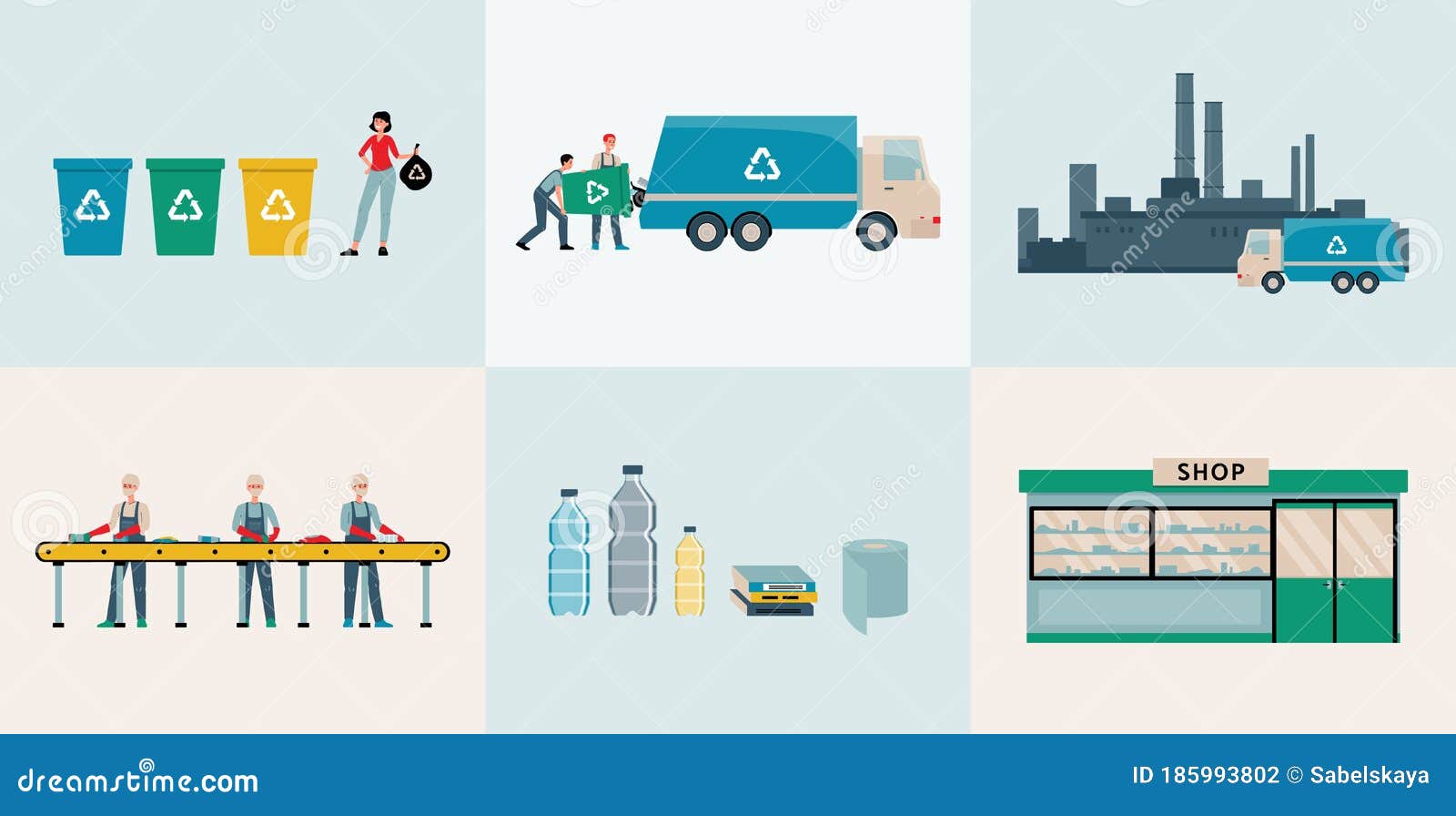 Waste Recycling Process or Garbage Processing Set, Flat Vector ...