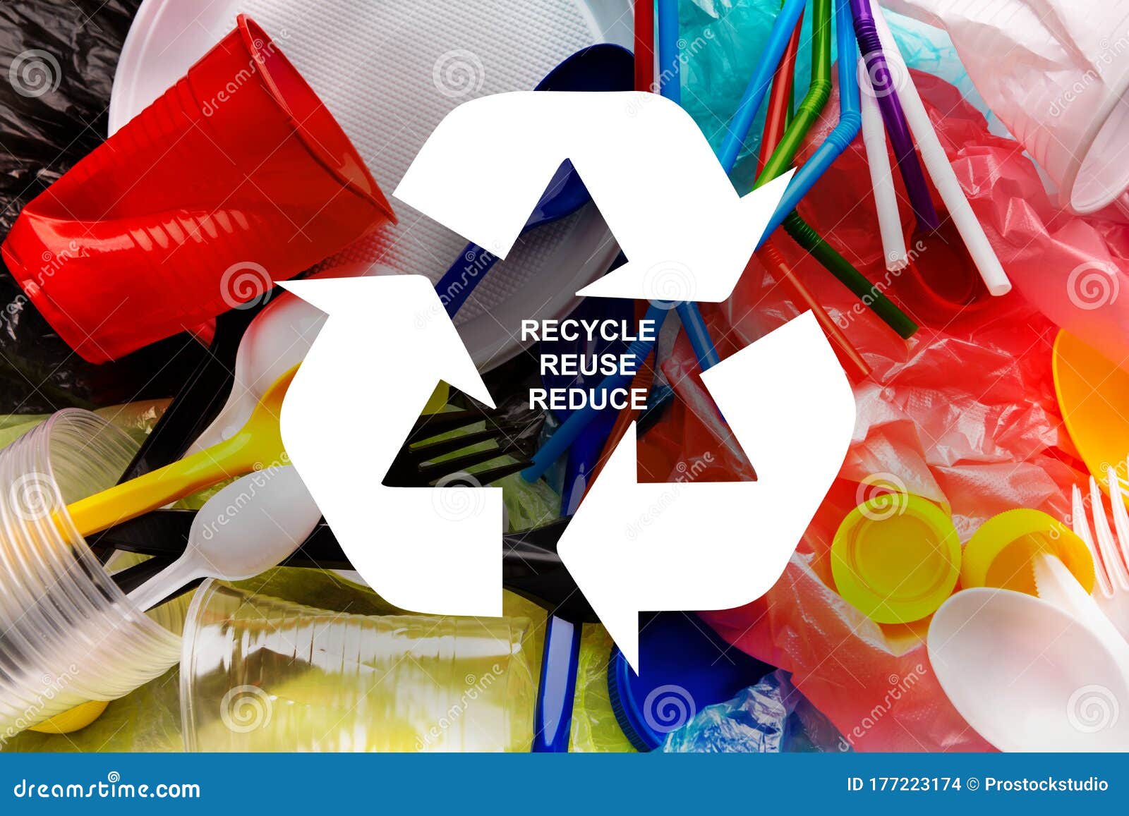 Waste Reuse. Various Plastic Garbage and Recycling Emblem, Top View ...