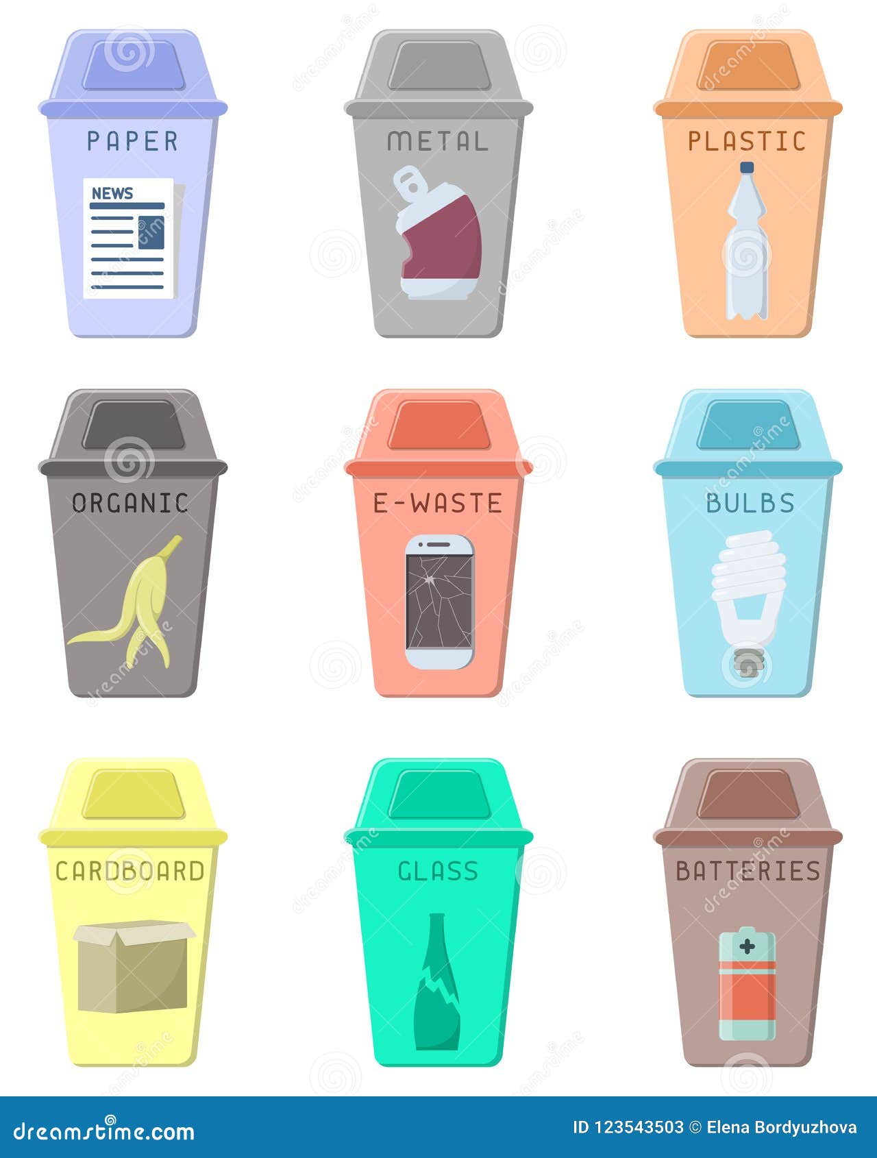 Waste Sorting Icons Set With Dustbins And Trash Cartoon Vector ... Waste Sorting Icons Set With Dustbins And Trash Cartoon Vector ...