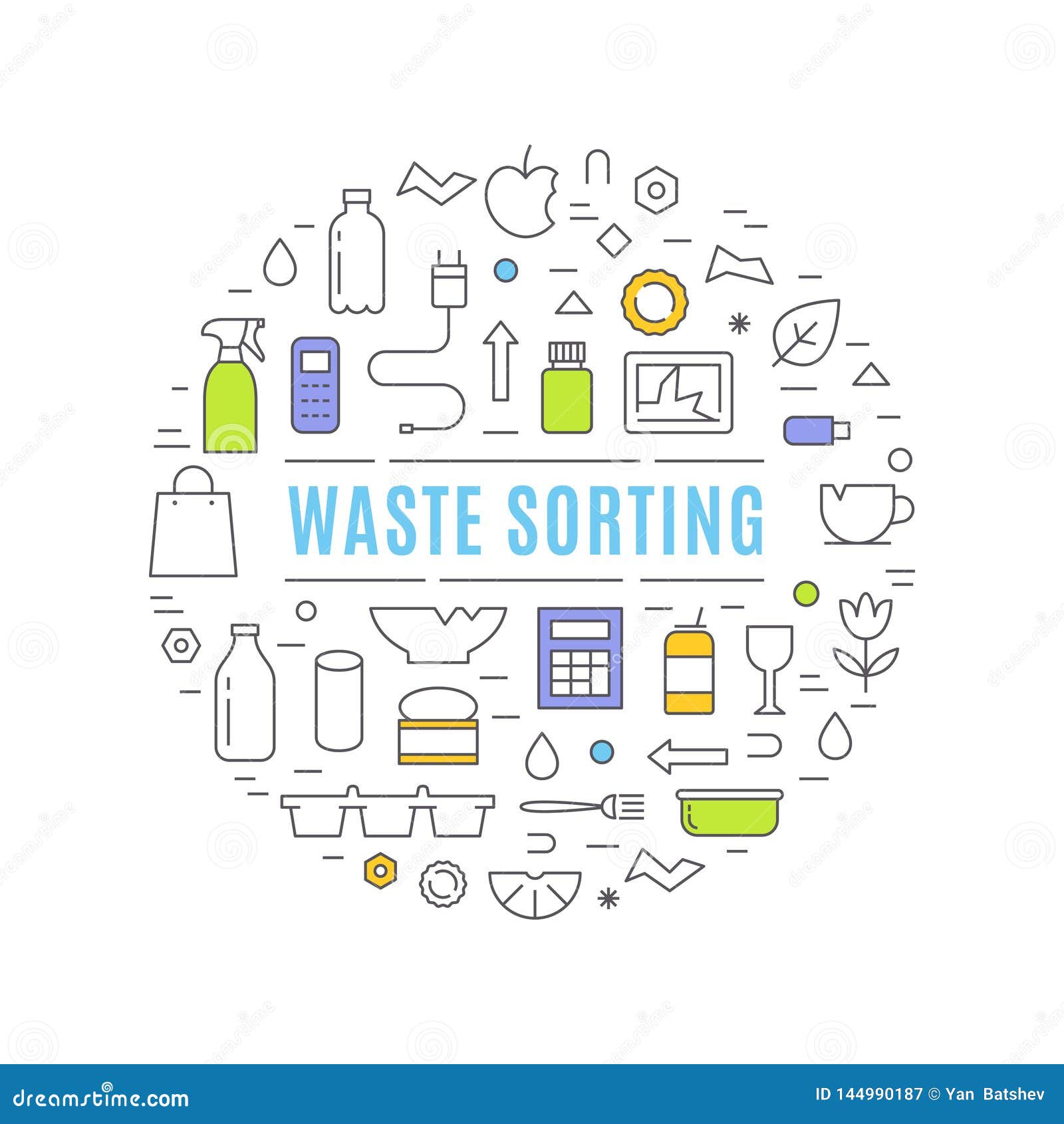Waste Sorting and Management Vector Graphics Circle Sign. Flat Outline ...