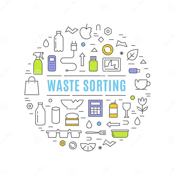 Waste Sorting and Management Vector Graphics Circle Sign. Flat Outline ...