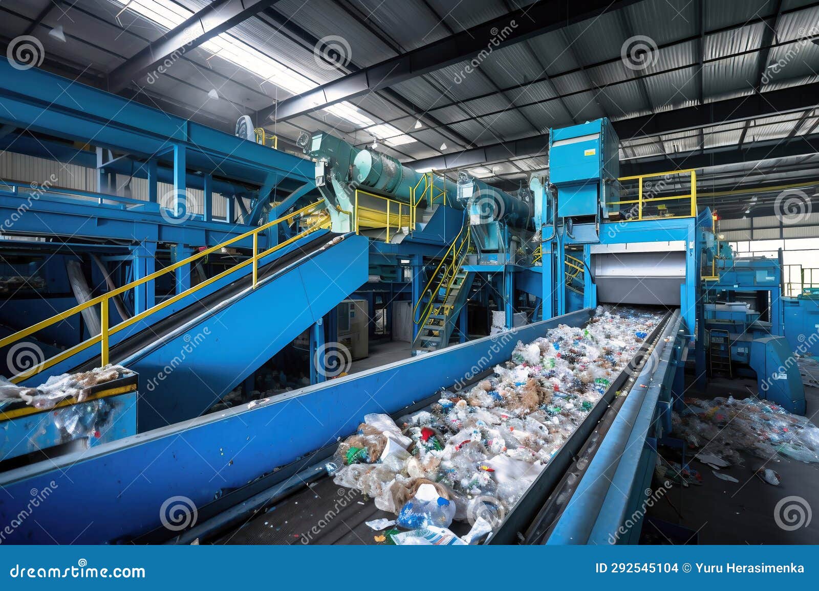 Waste Sorting Plant. Many Different Conveyors and Bins. Conveyors ...