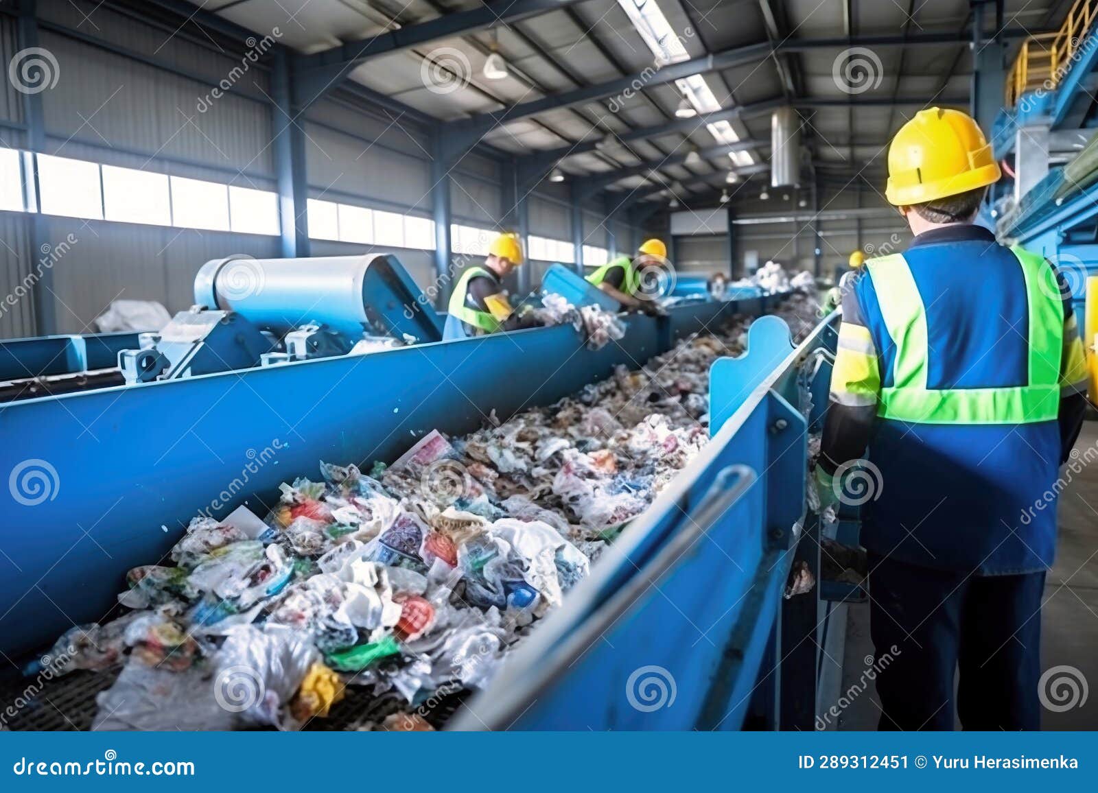 Waste Sorting Plant. Many Different Conveyors And Bunkers. Workers Sort ...