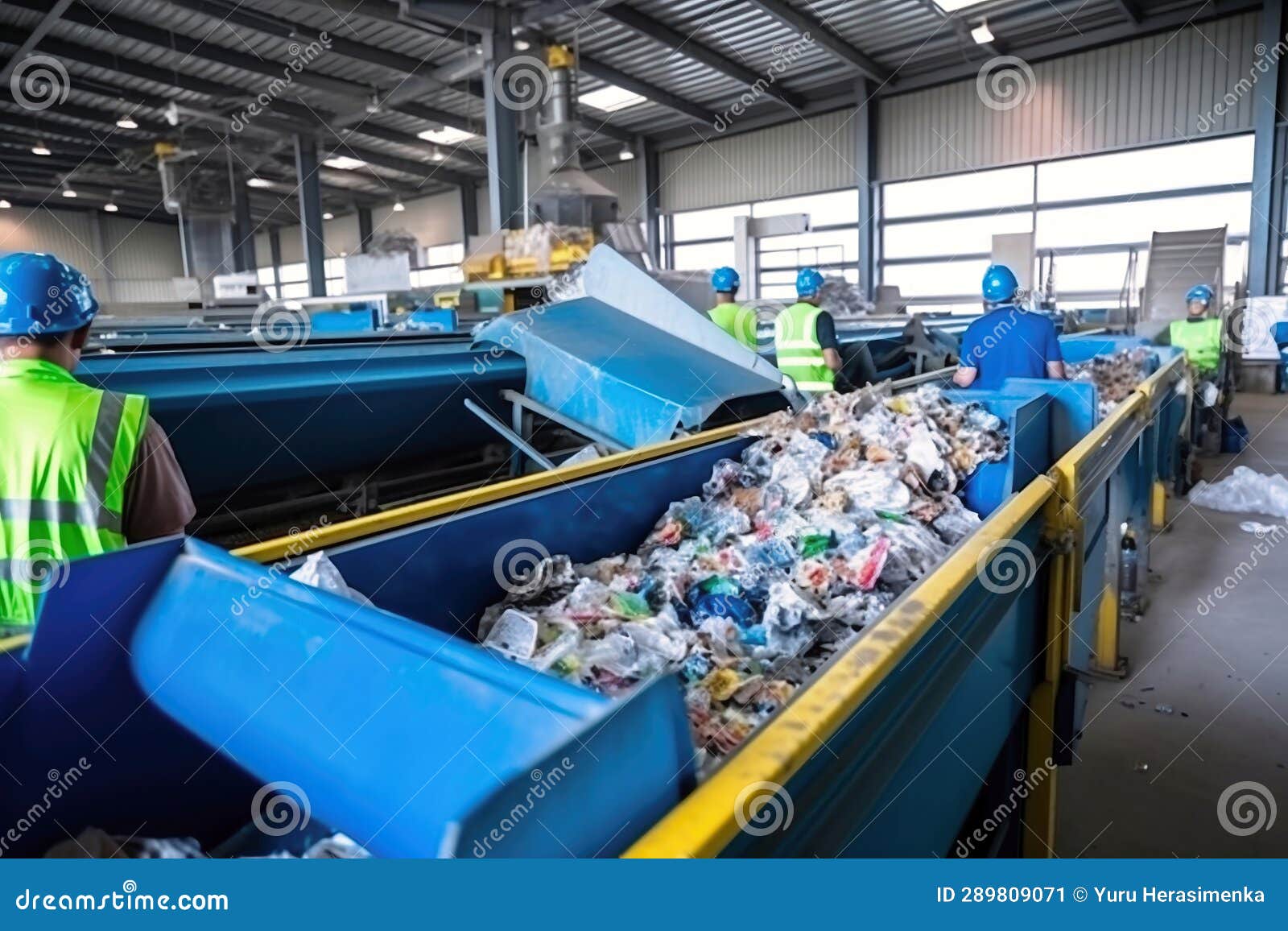 Waste Sorting Plant. Many Different Conveyors and Bunkers. Workers Sort ...