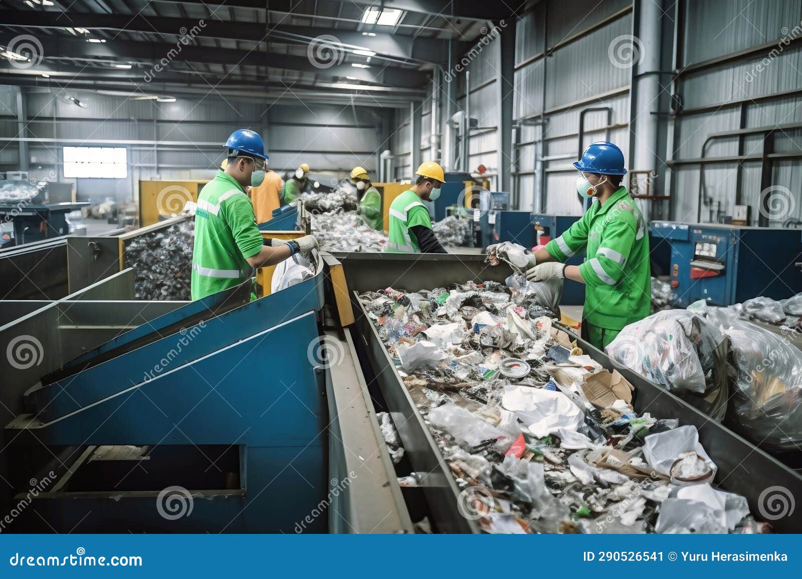 Waste Sorting Plant. Many Different Conveyors and Bunkers. Workers Sort ...