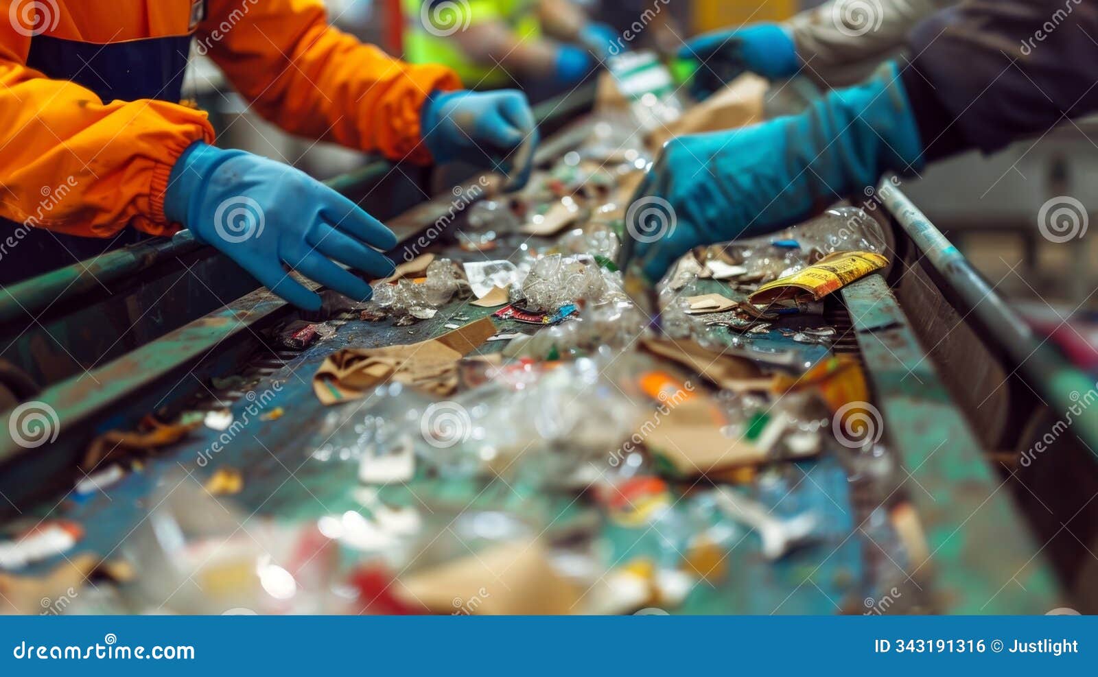 Waste Sorting Workers Separating Plastic and Paper Trash on Conveyor ...