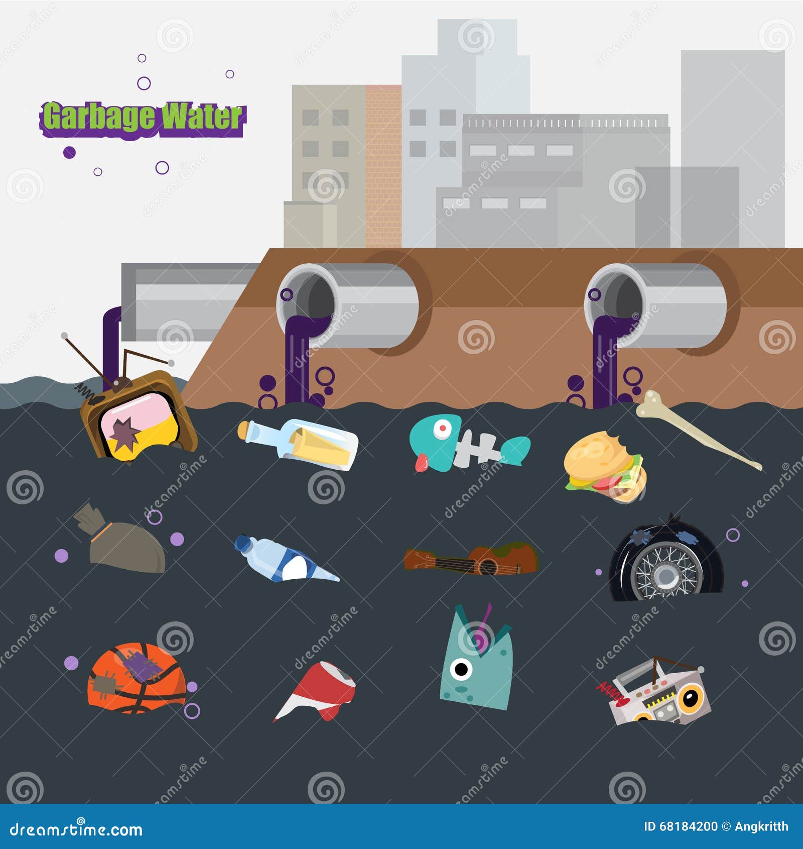 Waste Water Pipe Flow Down The River Waves. Water Pollution Utility And ...