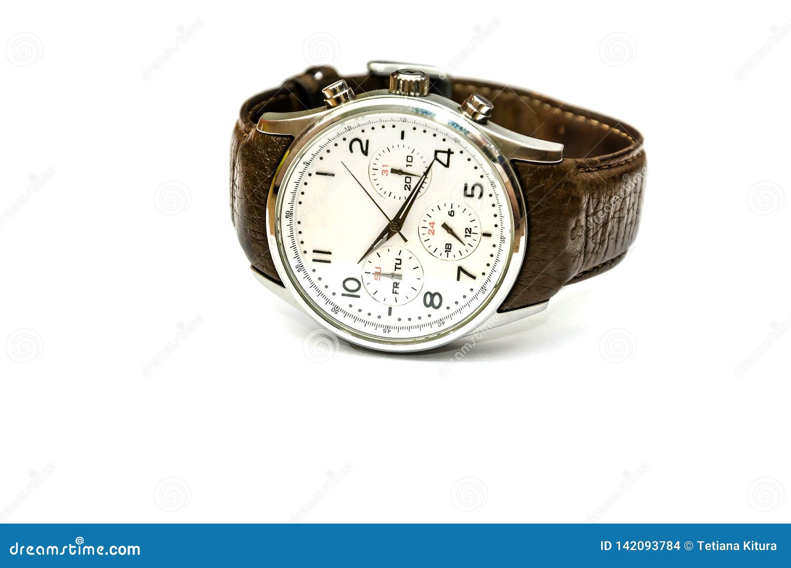 Watch with a Brown, Leather Strap on a White Background Stock Photo ...