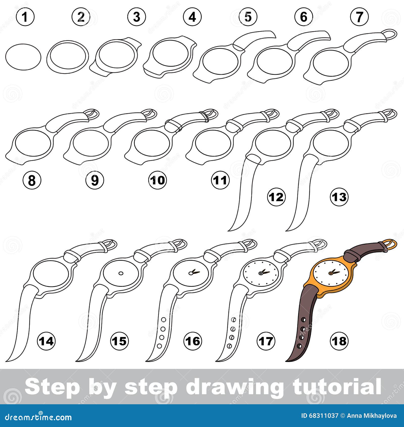 Watch. Drawing tutorial. stock vector. Illustration of school - 68311037