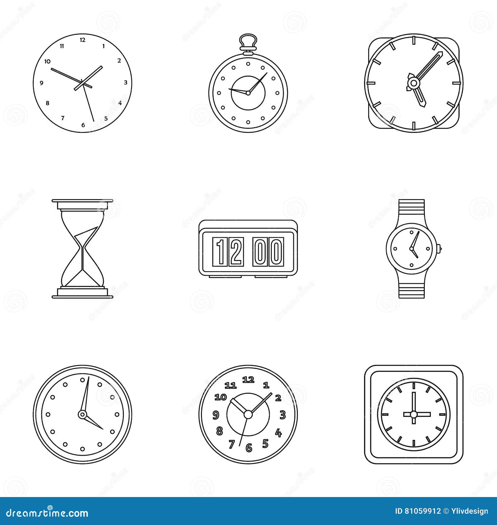 Watch Icons Set, Outline Style Stock Vector - Illustration of isolated ...