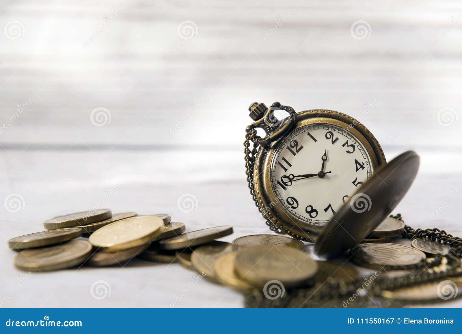 Watch on a Large Variety of Coins, Time and Money Stock Image - Image ...