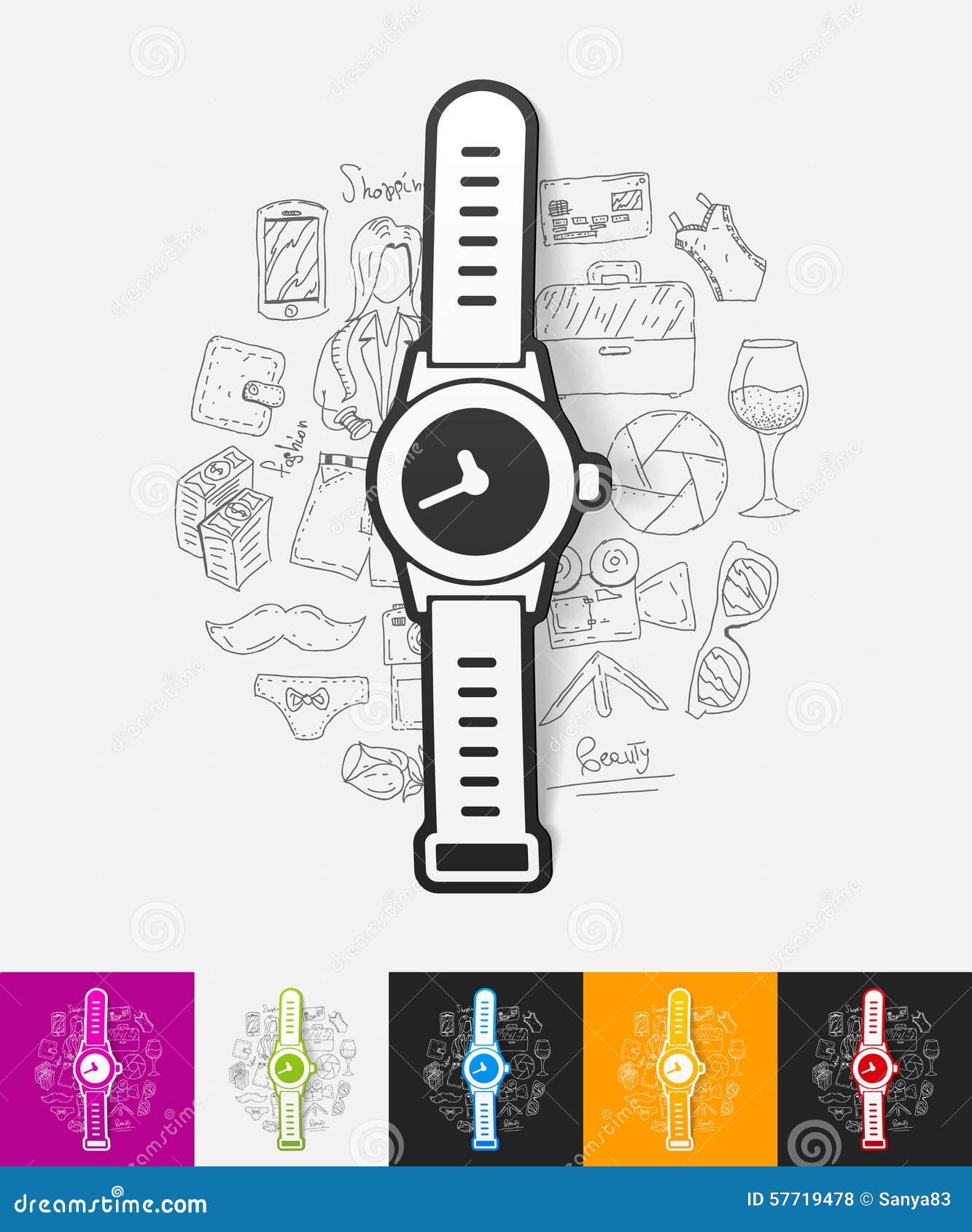 Watch Paper Sticker with Hand Drawn Elements Stock Vector ...