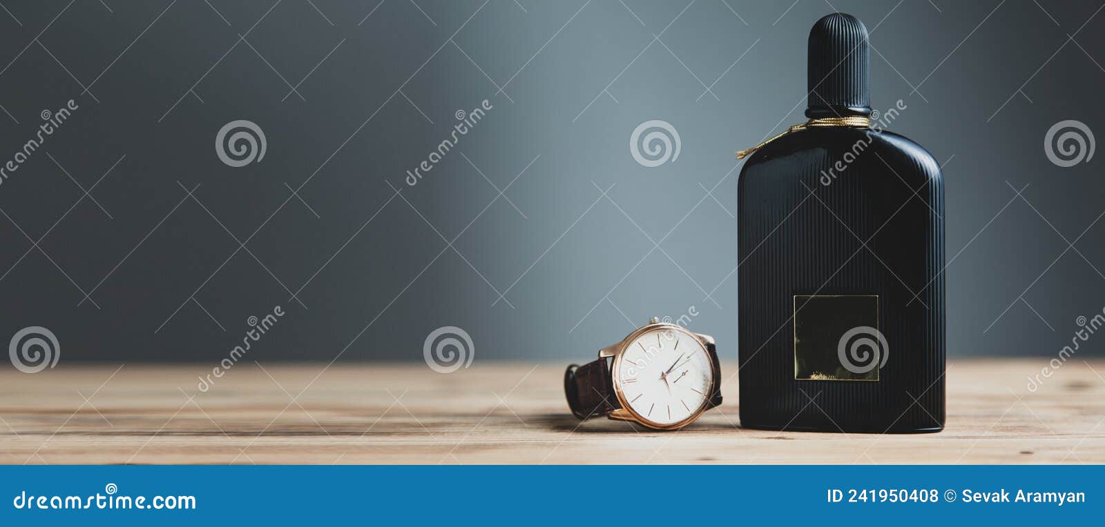 Watch and Perfume Bottle on Desk. Stock Photo - Image of perfume, hour ...