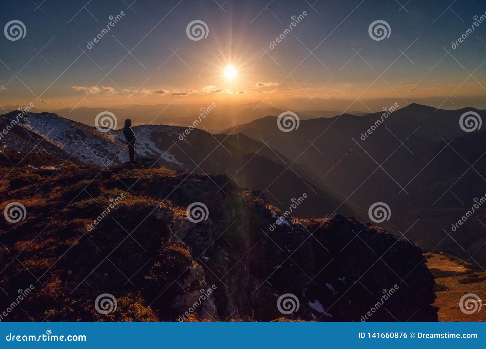 Sunset in Mountains , Lonely Man Stock Photo - Image of montains, land ...