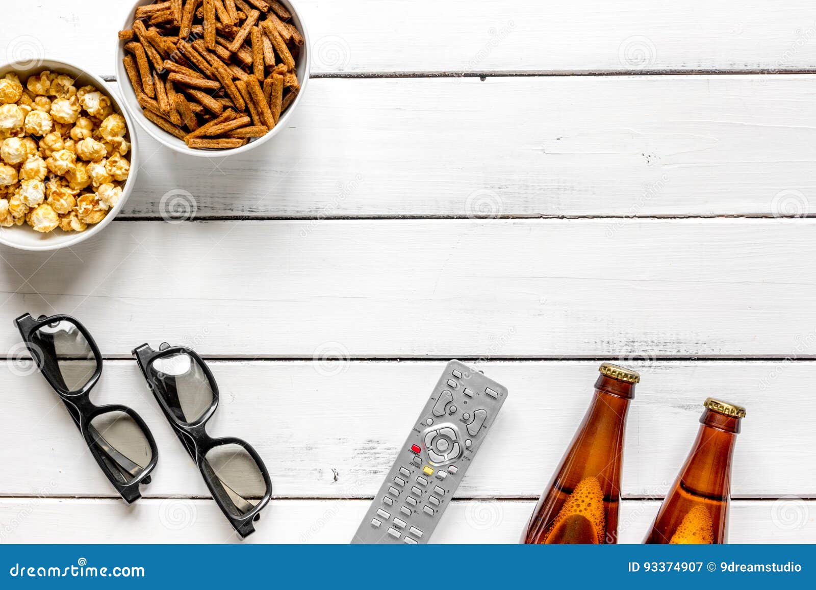 Watching TV with Chips, Beer and Remote Control on White Background Top ...